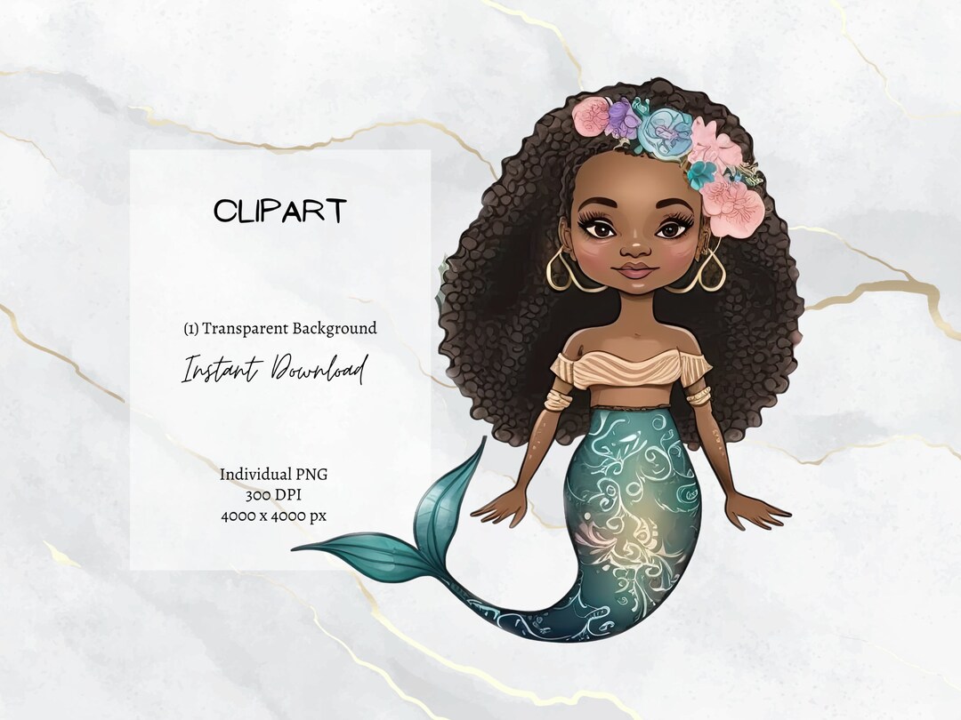 Little Black Girl Mermaid Clipart, African American Mermaid ...