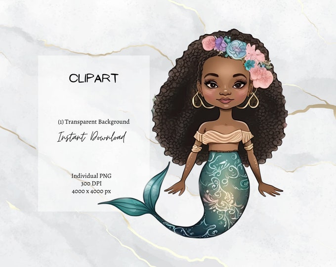 Little Black Girl Mermaid Clipart, African American Mermaid ...