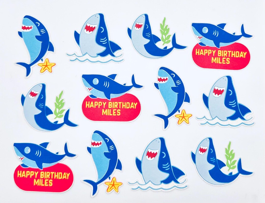 Sharks Happy Birthday Cupcake Toppers Shark Cake Topper Personalize ...