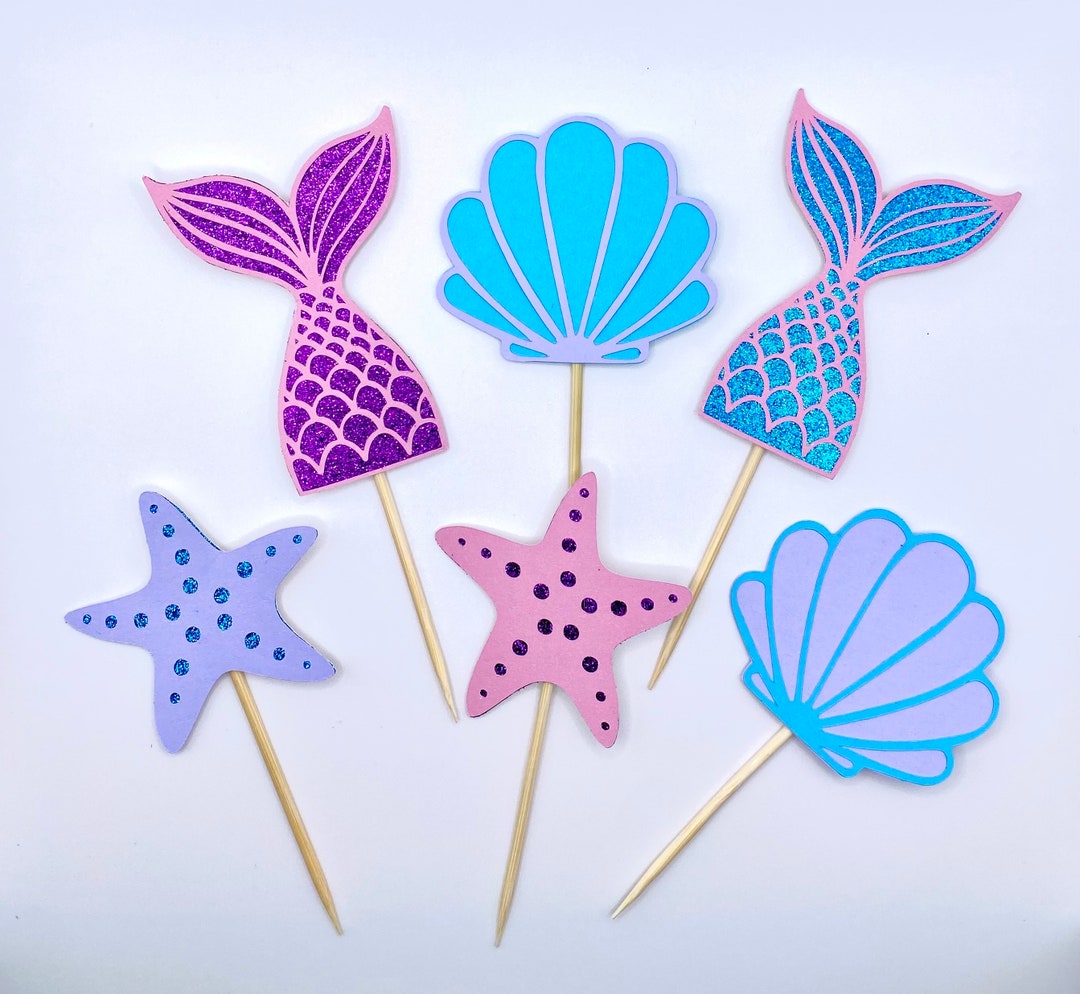 Mermaid Tail Cupcake Toppers Seashell Starfish Glitter Cake Topper - Etsy