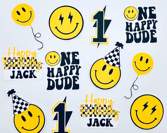 ONE Happy Dude Cupcake Toppers Smiley Face Balloon Lightening Bolt ...
