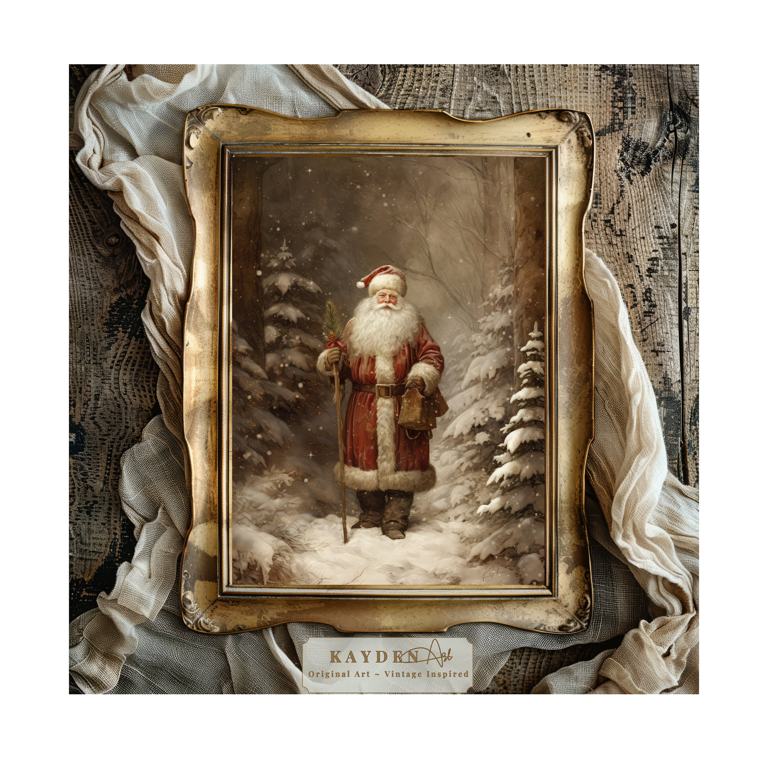 Vintage Santa Claus, Christmas Portrait, Wintery Forest, Holiday Wall ...