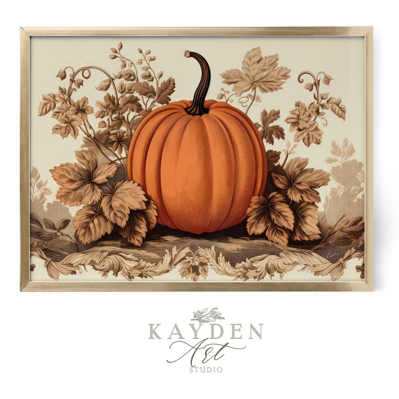 Whimsical Vintage Style French Toile Orange Pumpkin, Halloween and Fall ...