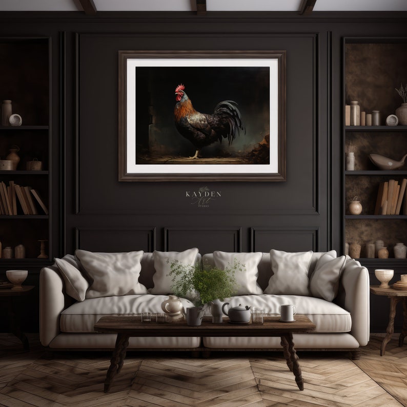 Vintage Painting Black and Red Rooster, Digital Art Print, Home Decor, Downloadable Wall Print ...