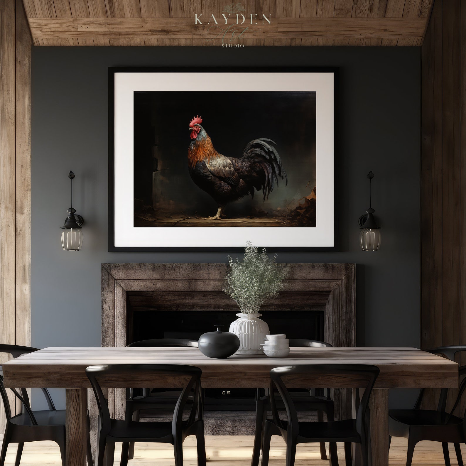 Vintage Painting Black and Red Rooster, Digital Art Print, Home Decor ...