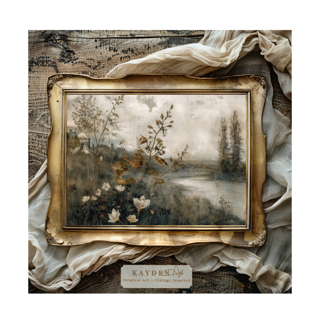 Vintage Print Scenic Countryside of Flowers for Home Decor in a Country ...