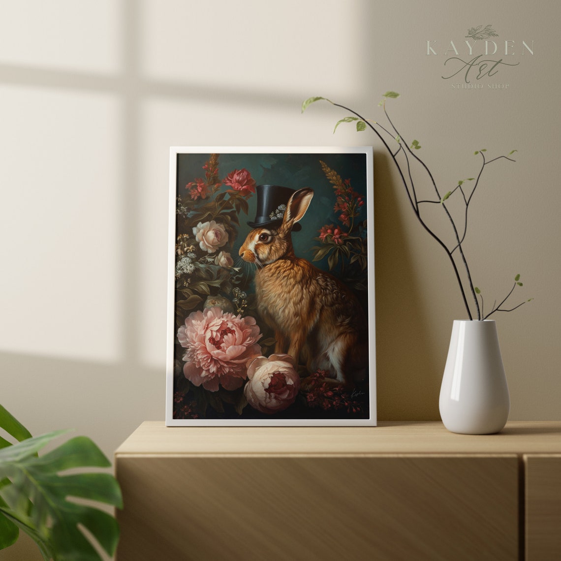 Easter Bunny in the Garden, Top Hat, Digital Art Print, Flowers, Rabbit ...