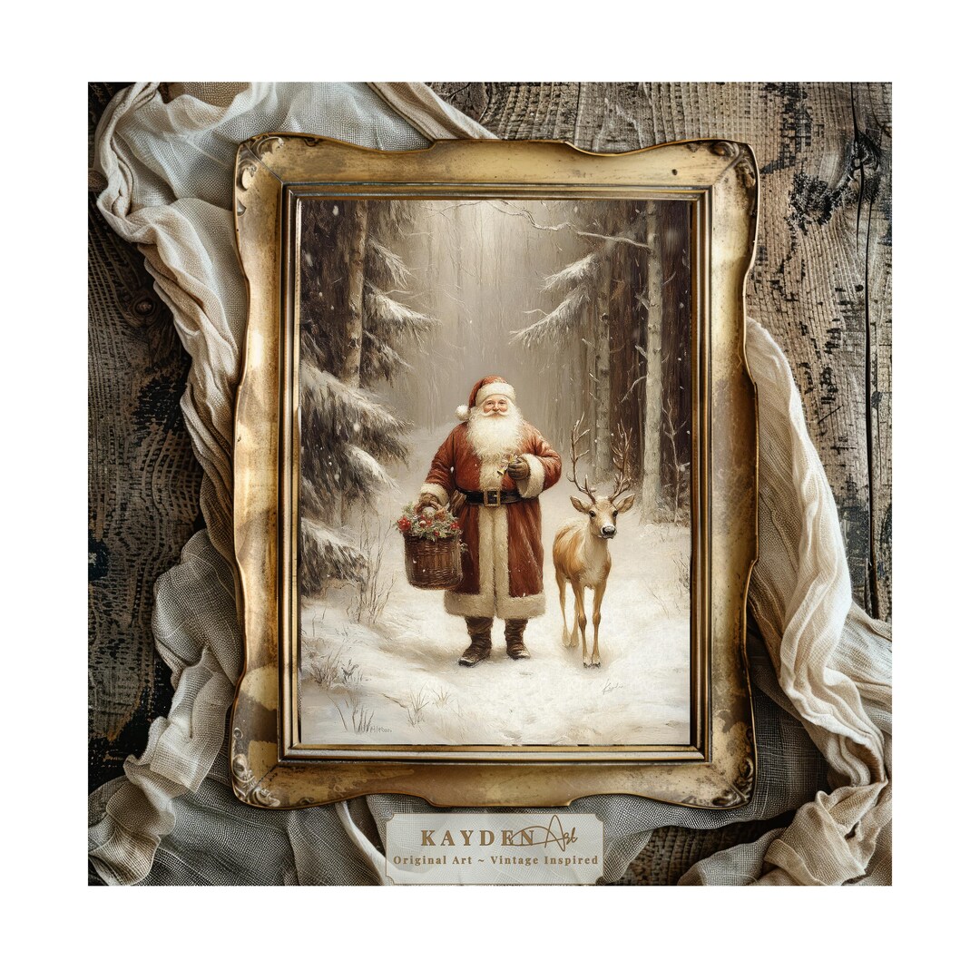 Vintage Santa Claus and Reindeer, Christmas , Wintery Forest, Holiday ...