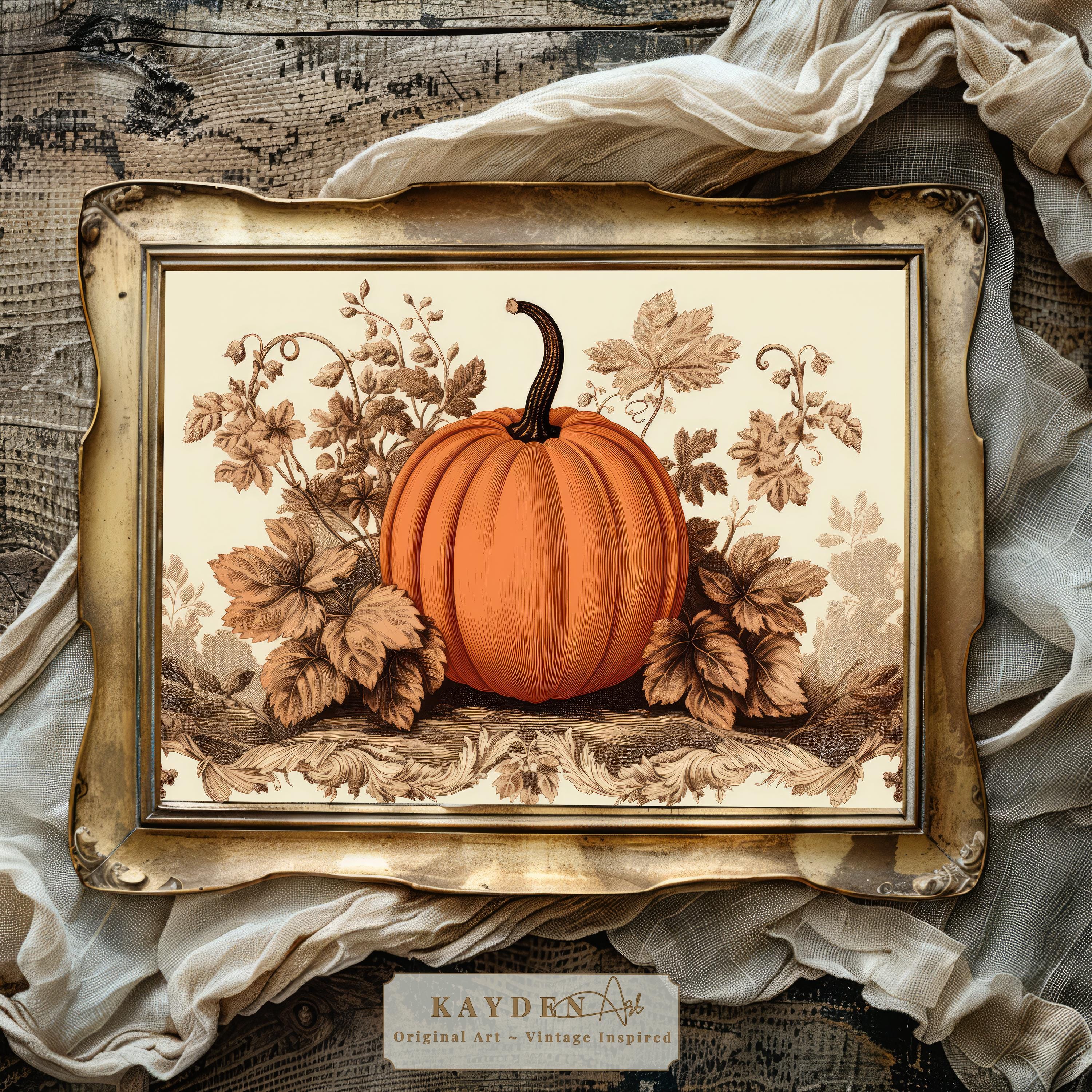 Whimsical Vintage Style French Toile Orange Pumpkin, Halloween and Fall ...