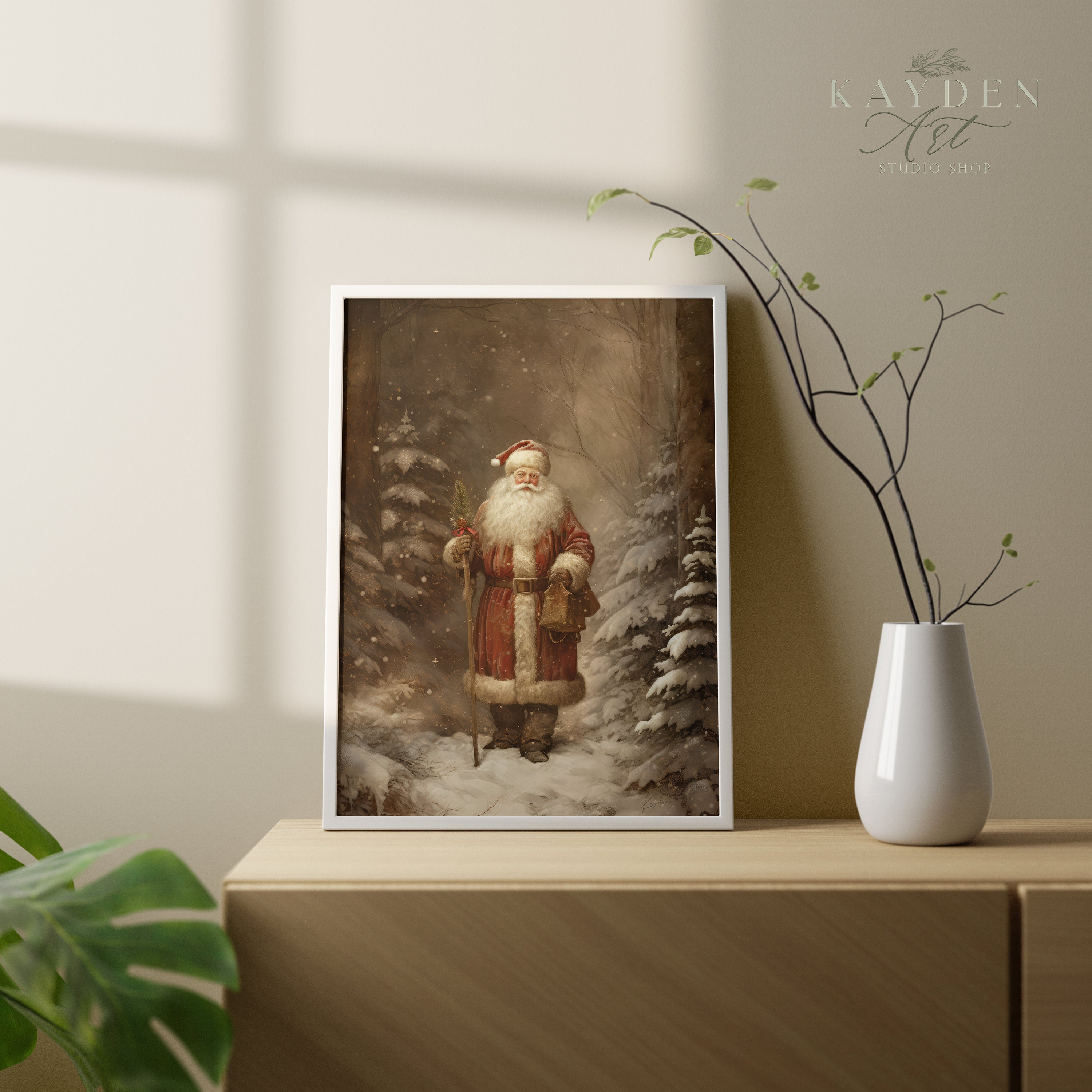 Vintage Santa Claus, Christmas Portrait, Wintery Forest, Holiday Wall ...