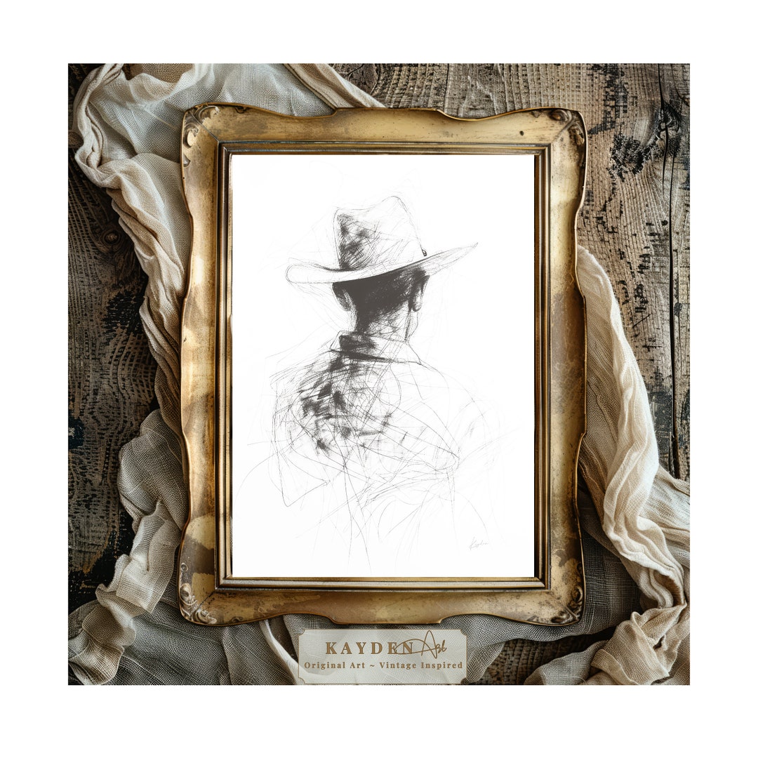 Cowboy, Western, Portrait Pen Ink Artwork, Digital Downloadable Print ...