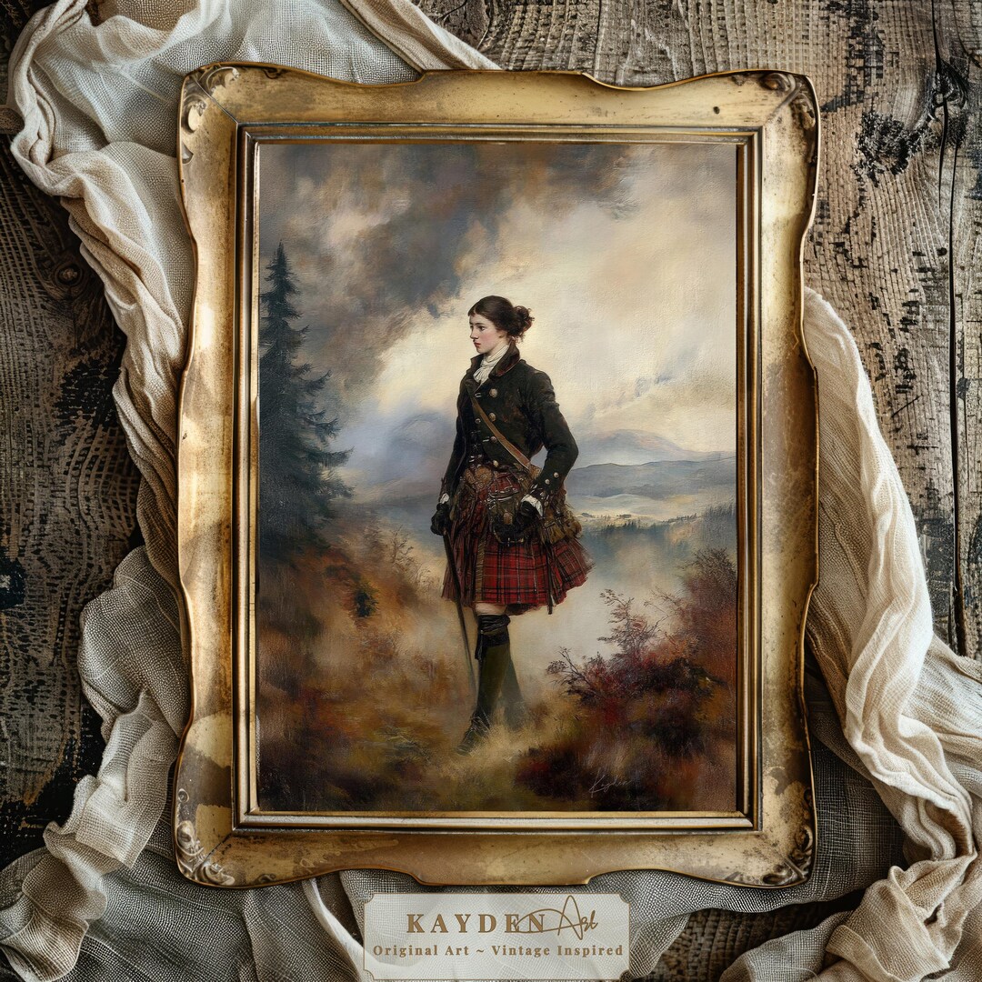 A Lass in the Scottish Highlands Landscape, Scotswoman, Kilt, Vintage ...