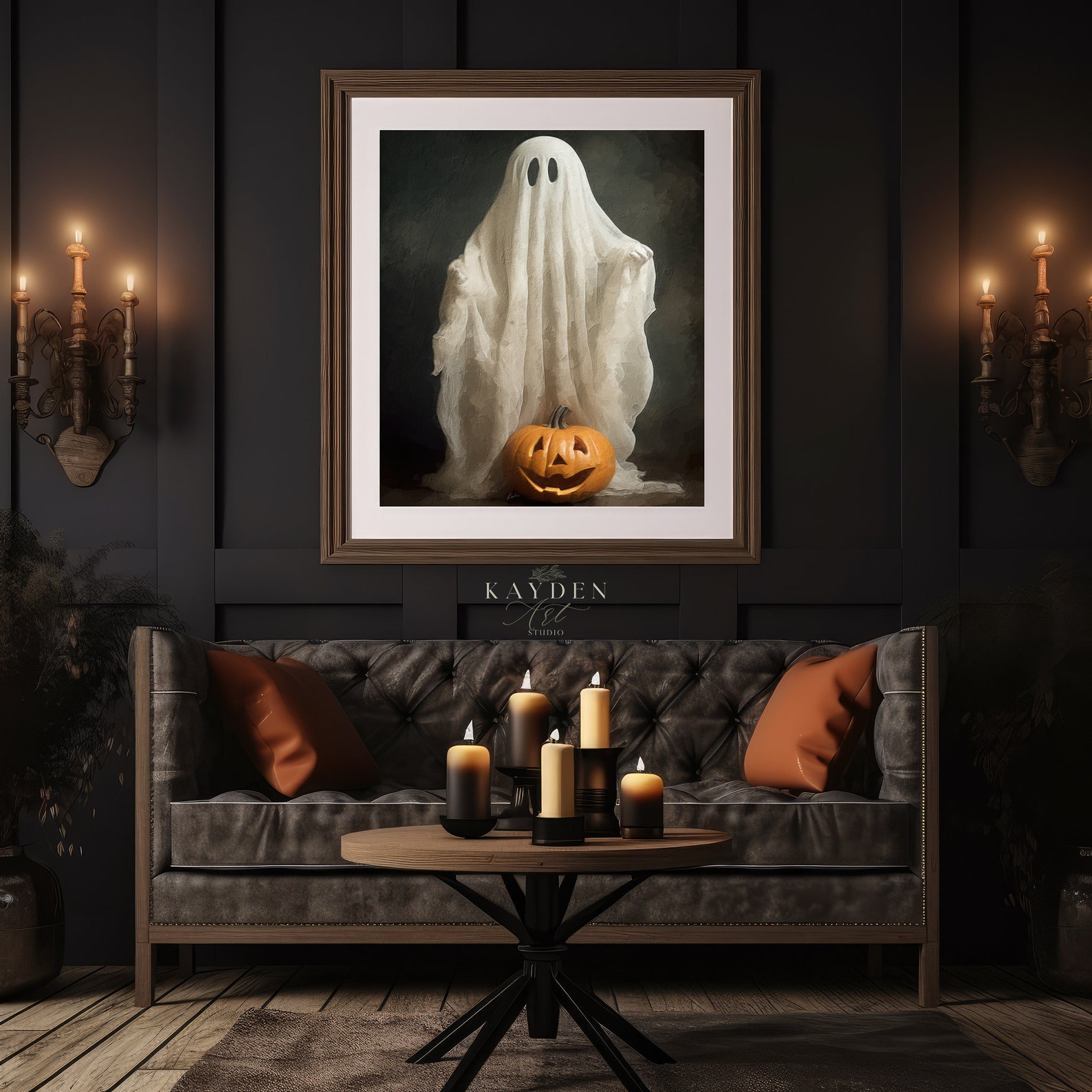 Haunted Halloween Night, Vintage Ghost and Jack-o-lantern Oil Painting ...
