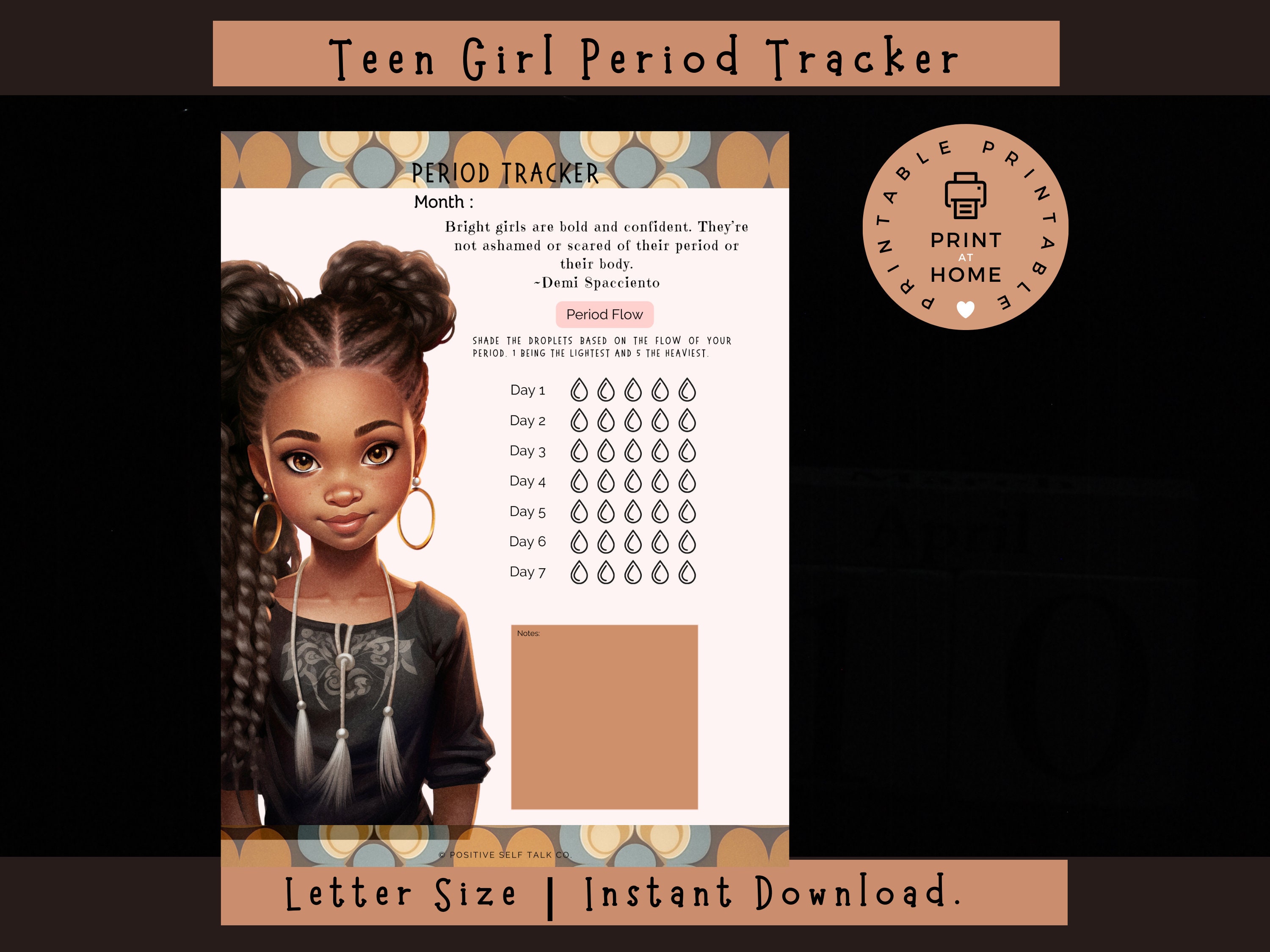 Printable Period Tracker for Girls, African American, Wellness Tracker ...