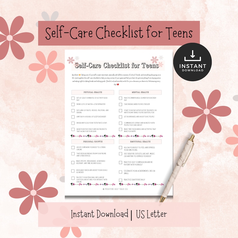 Teen Self-care Checklist, Printable Download, Mental Health, Self-care ...