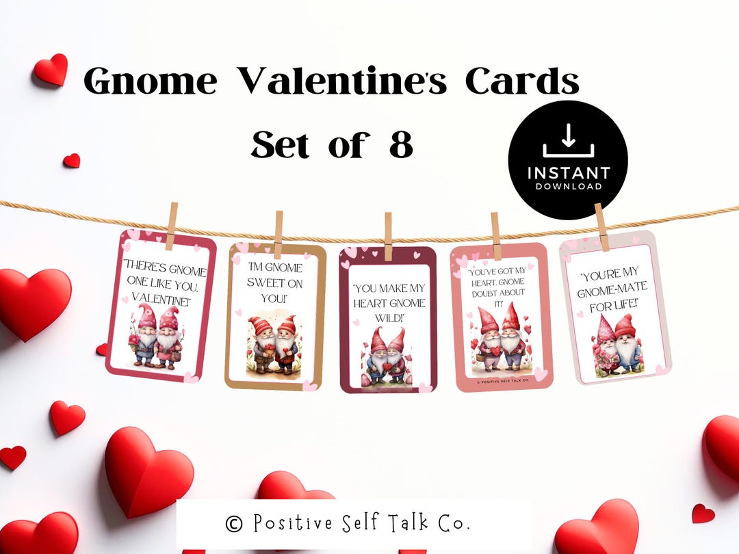 Printable Gnome Valentine Cards, Digital Download, Set of 8, Gnome ...