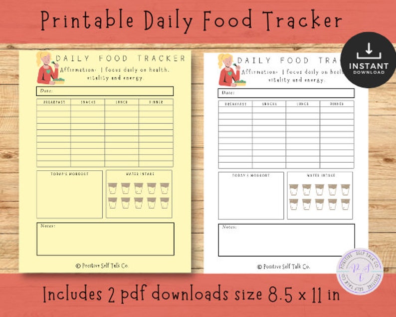 Printable Daily Food Tracker, Instant Download, 2 PDF Downloads, Food ...
