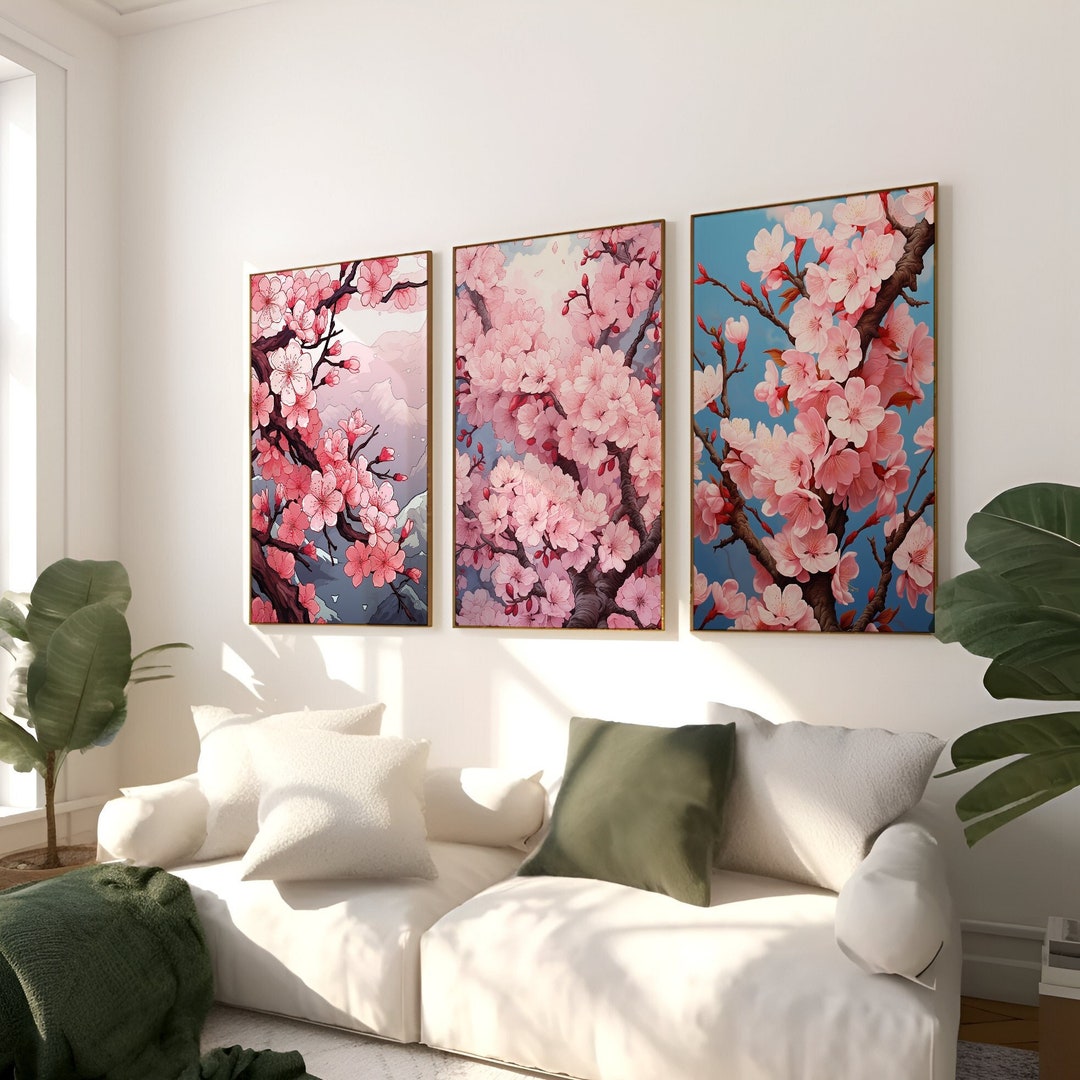 SET of 3 PRINTS of Pink Cherry Blossoms | Cherry Blossom Art & Decor ...