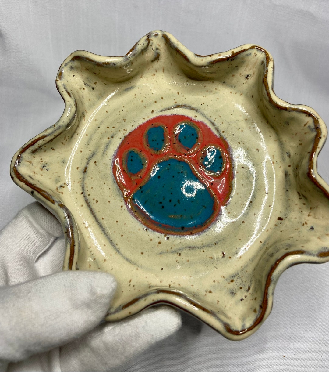 Paw Print Round Trinket Dish - Coral and Turquoise on Oatmeal ...