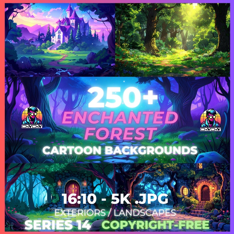 250+ Enchanted Forest Cartoon Scenes, 5K High-res Backgrounds, Instant ...