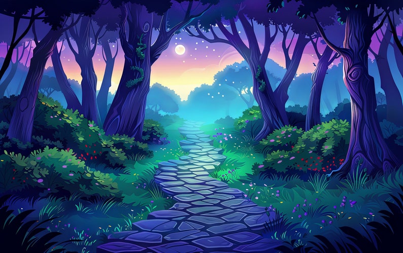 Dark Forest, Enchanted Forest Cartoon Scenes, Forest Background, Magical Woods Backdrop, Instant ...