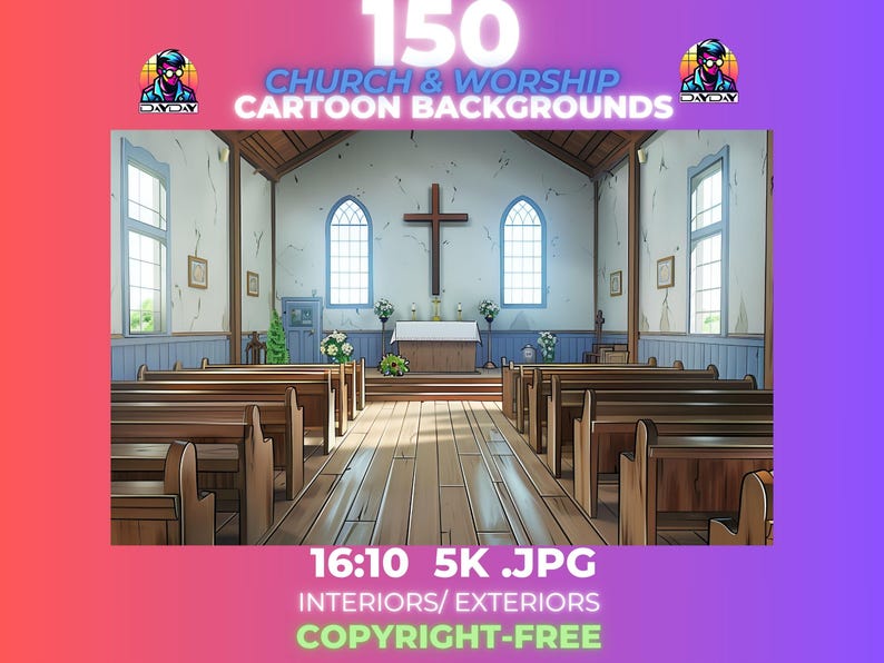 150 Church & Worship Cartoon Backgrounds | 5K Digital Backdrops for ...