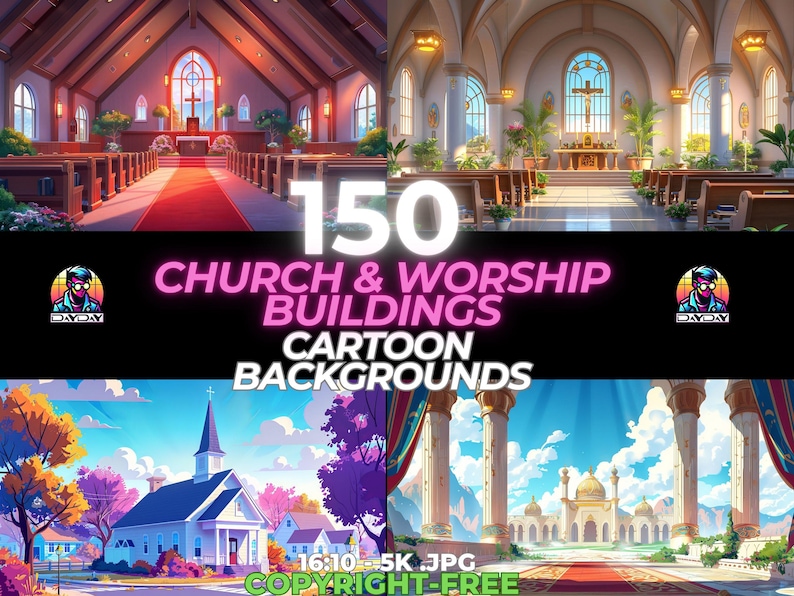 150 Church & Worship Cartoon Backgrounds | 5K Digital Backdrops for ...