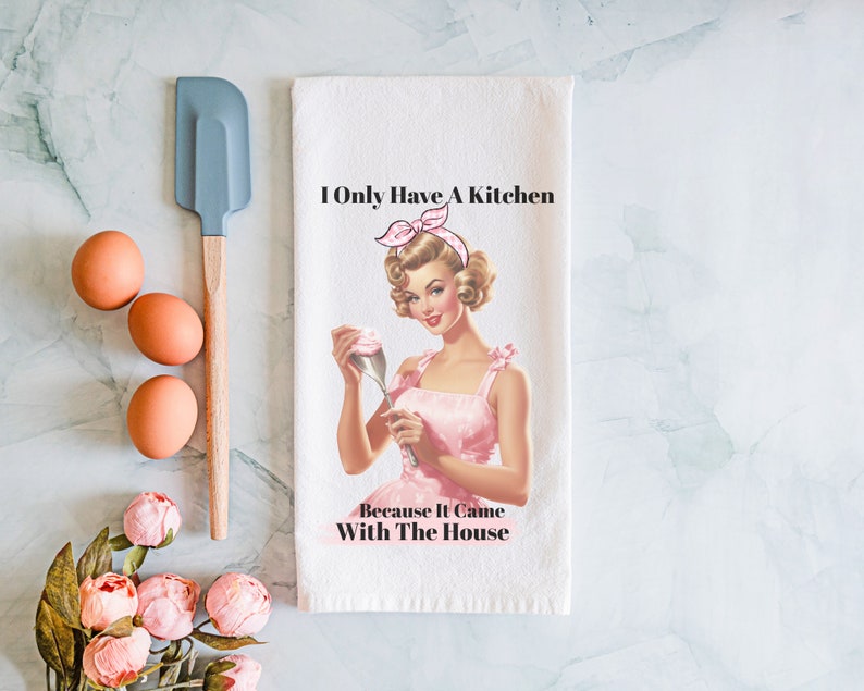 Retro Kitchen Tea Towel, Funny Kitchen Towel, Pink Retro Tea Towel ...