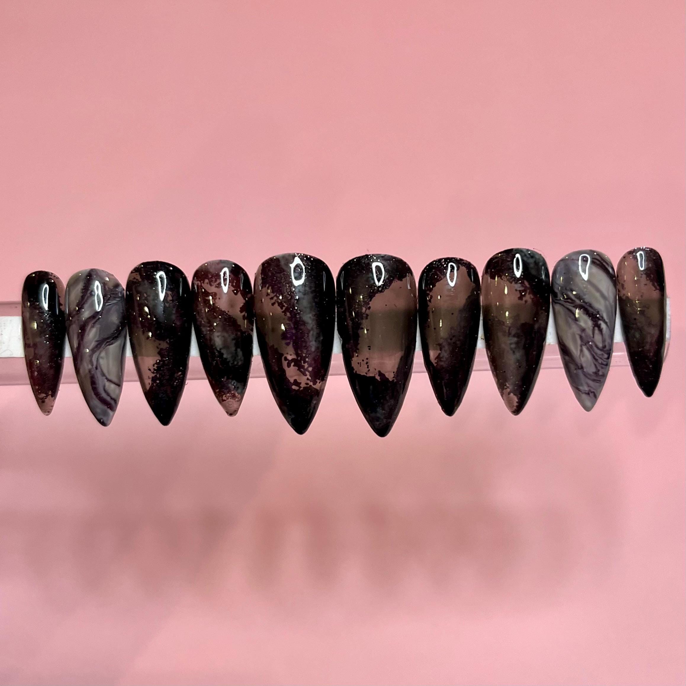 Black See Through Press on Nails With Marble and Sparkles - Etsy