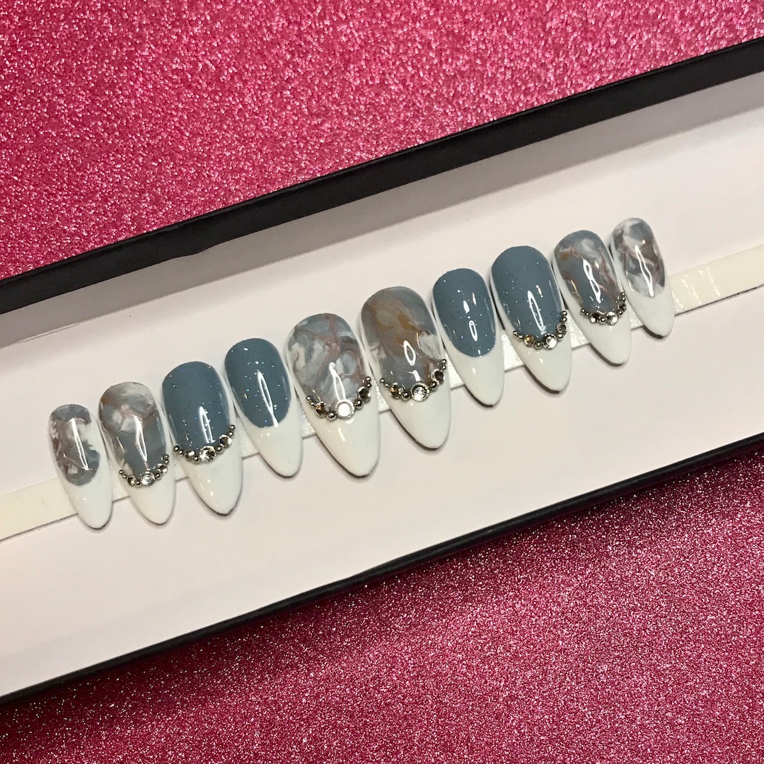 Blue and Marble French Tips With Gems Press on Nails - Etsy