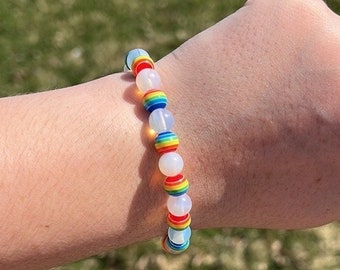Pastel Rainbow Elastic Bracelet With Mini Pearl Accents - Etsy