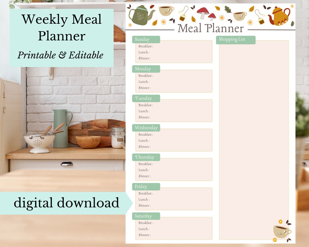 Weekly Meal Planner, Editable, Digital Download - Etsy