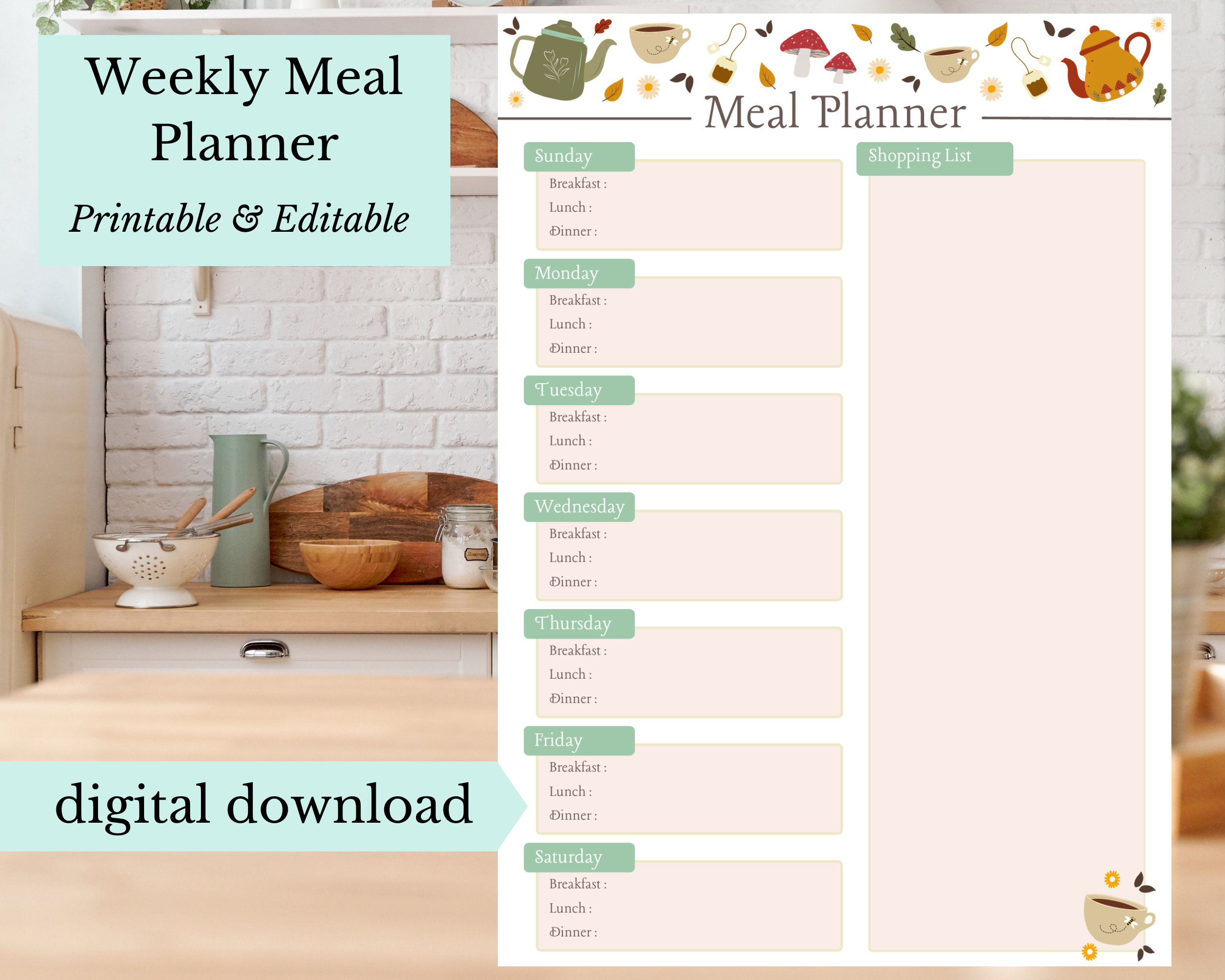 Weekly Meal Planner, Editable, Digital Download - Etsy
