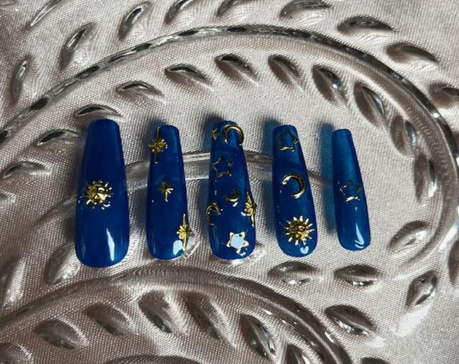 Dark Royal Blue Gold Sun/moon/star Coffin Tip Press-on Nails - Etsy