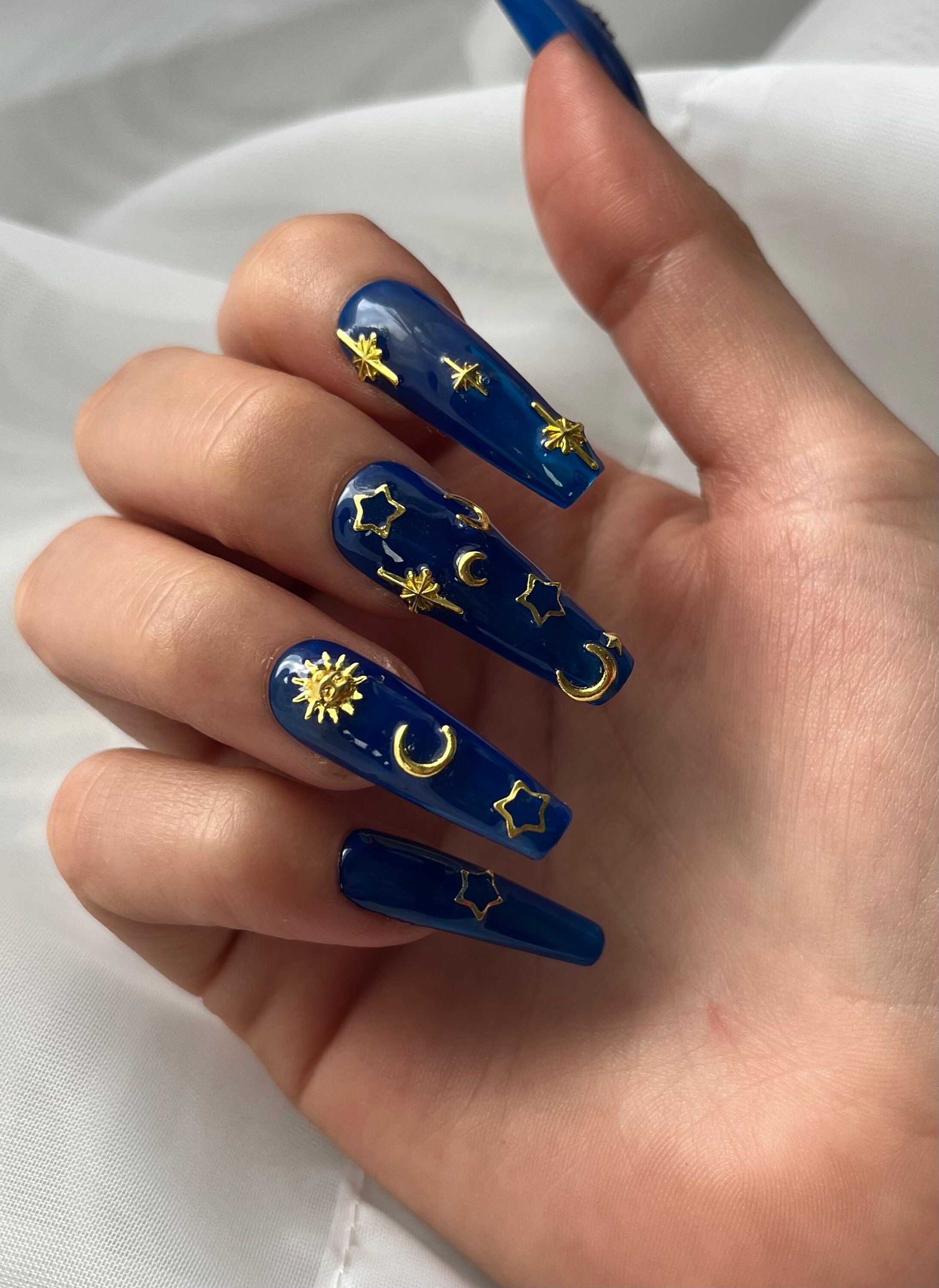 Dark Royal Blue Gold Sun/moon/star Coffin Tip Press-on Nails - Etsy