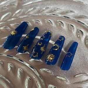 Dark Royal Blue Gold Sun/moon/star Coffin Tip Press-on Nails - Etsy