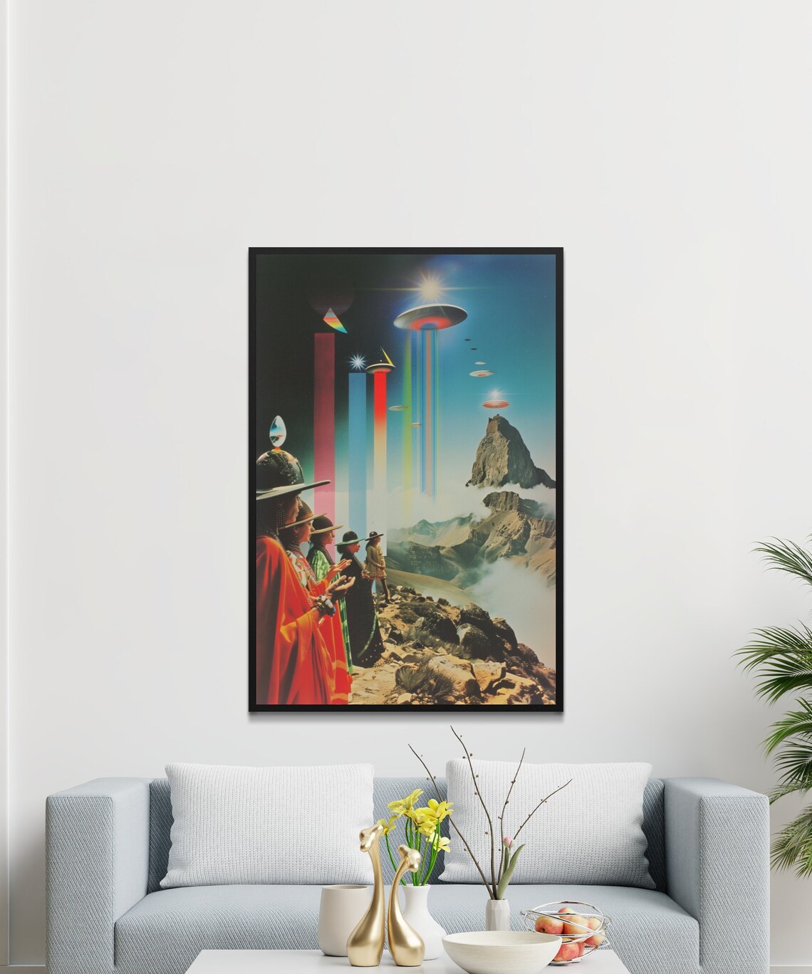 Retro Sci Fi Incan Women UFO Wall Art Colorful Alien Landscape Unique ...