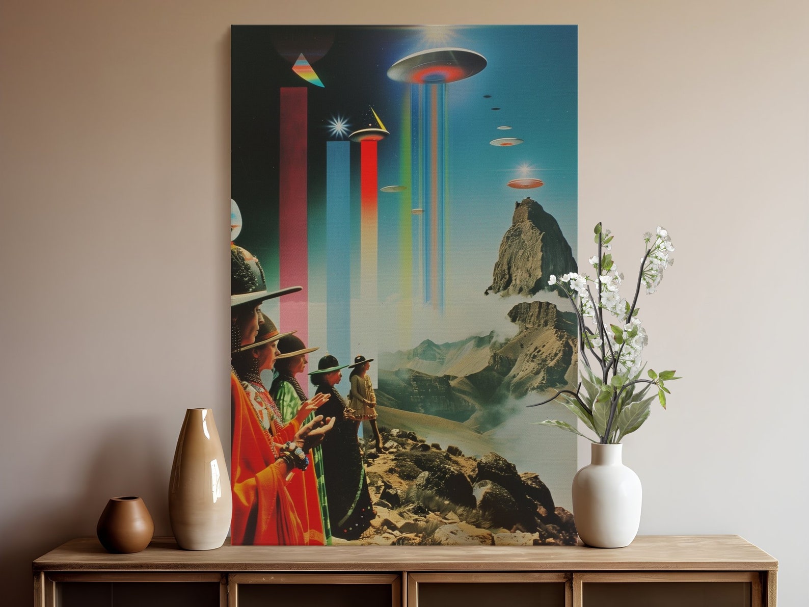 Retro Sci Fi Incan Women UFO Wall Art Colorful Alien Landscape Unique ...