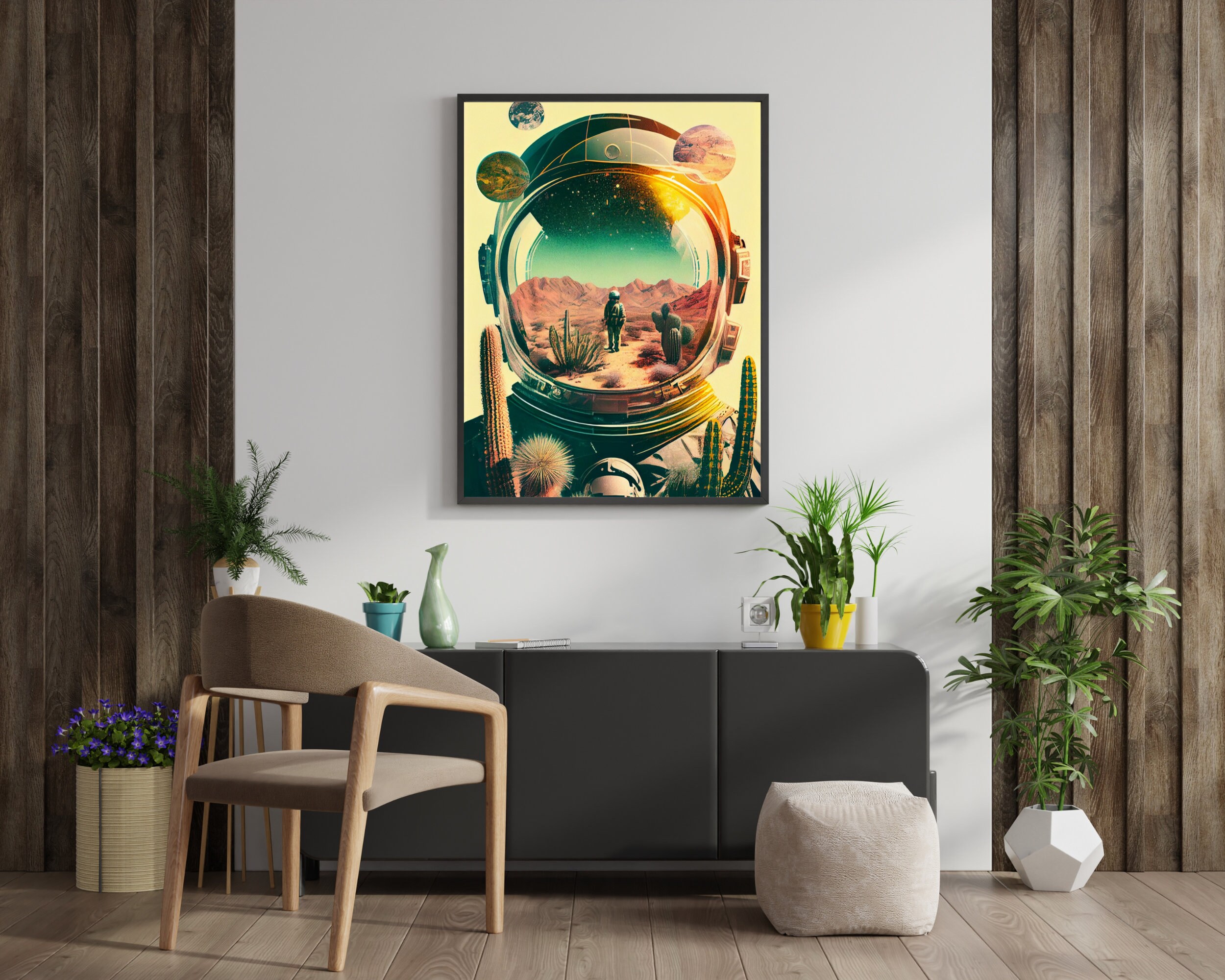 Surreal Astronaut Helmet Art Print, Psychedelic Wall Art, Retro Sci-fi ...