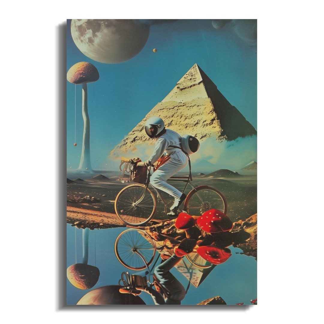Surreal Astronaut Bicycle Ride Wall Art Print, Retro Futuristic Pyramid ...