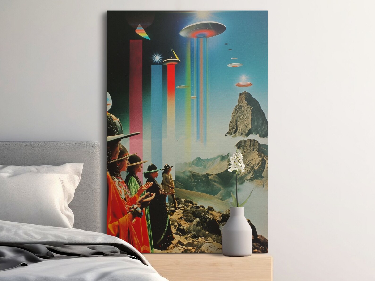 Retro Sci Fi Incan Women UFO Wall Art Colorful Alien Landscape Unique ...