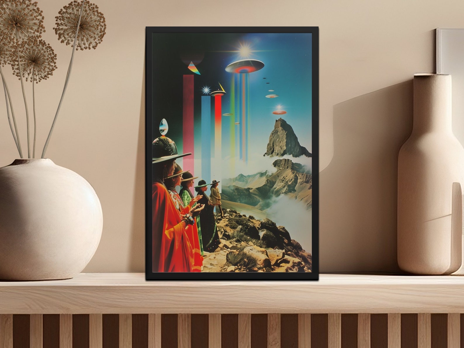 Retro Sci Fi Incan Women UFO Wall Art Colorful Alien Landscape Unique ...