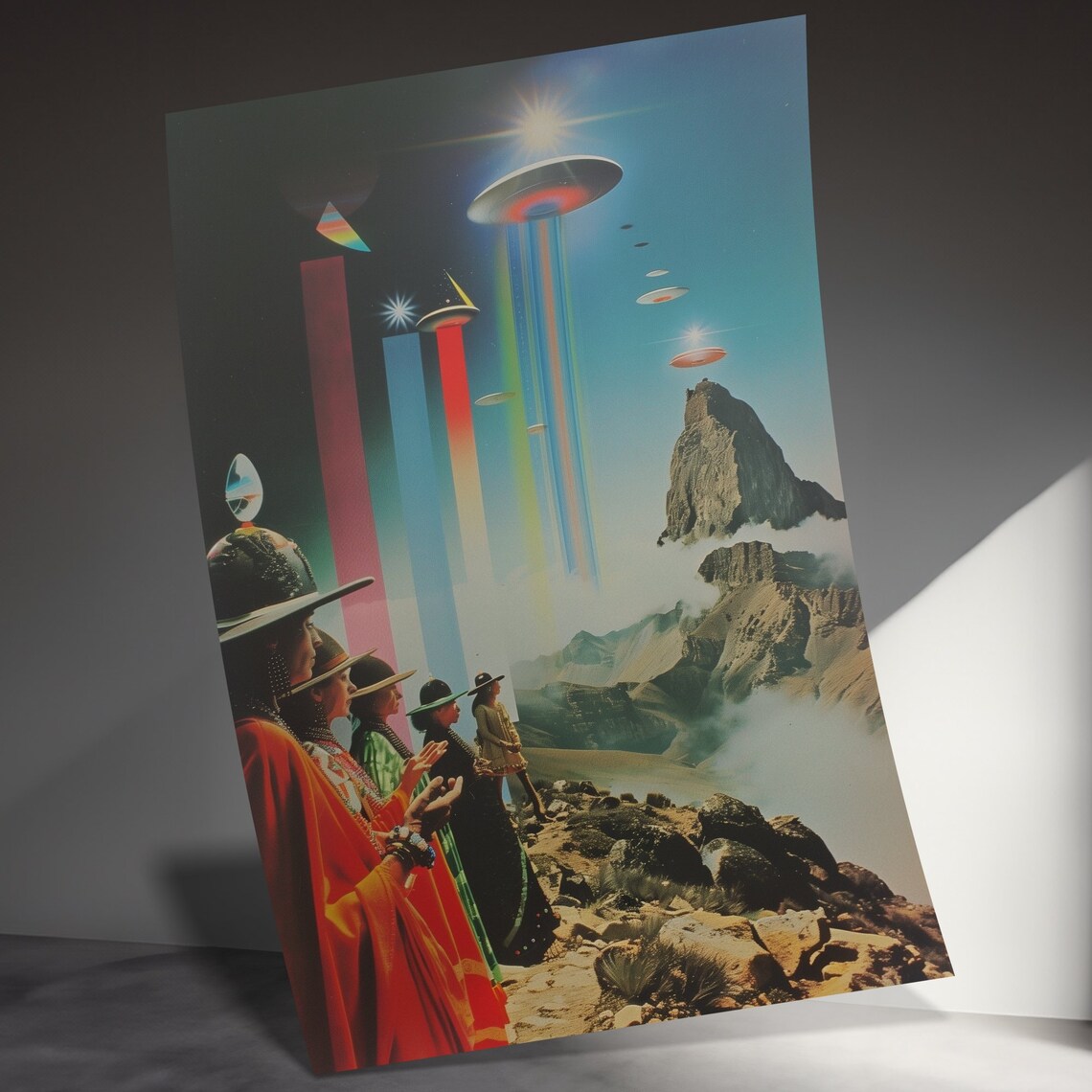 Retro Sci Fi Incan Women UFO Wall Art Colorful Alien Landscape Unique ...