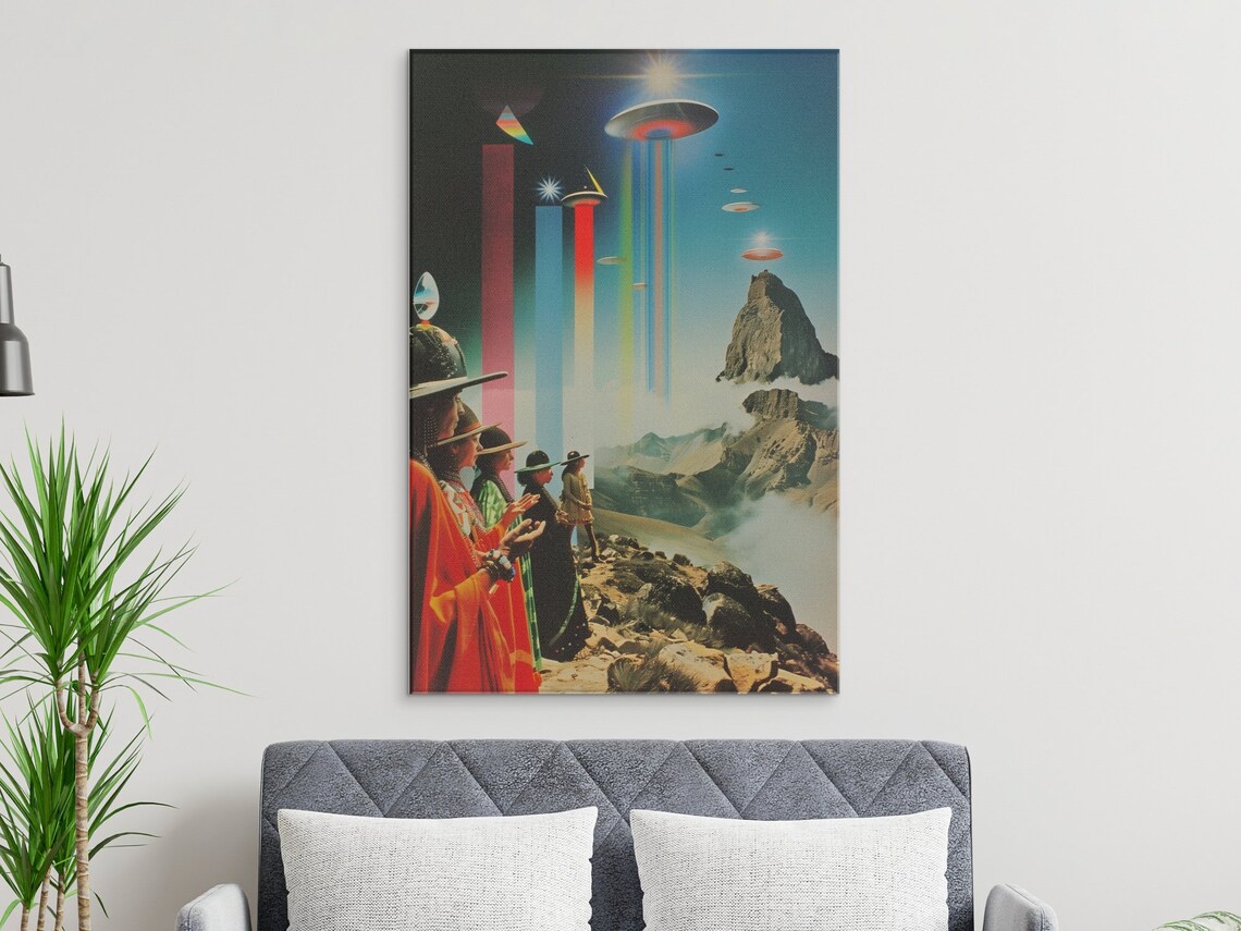Retro Sci Fi Incan Women UFO Wall Art Colorful Alien Landscape Unique ...