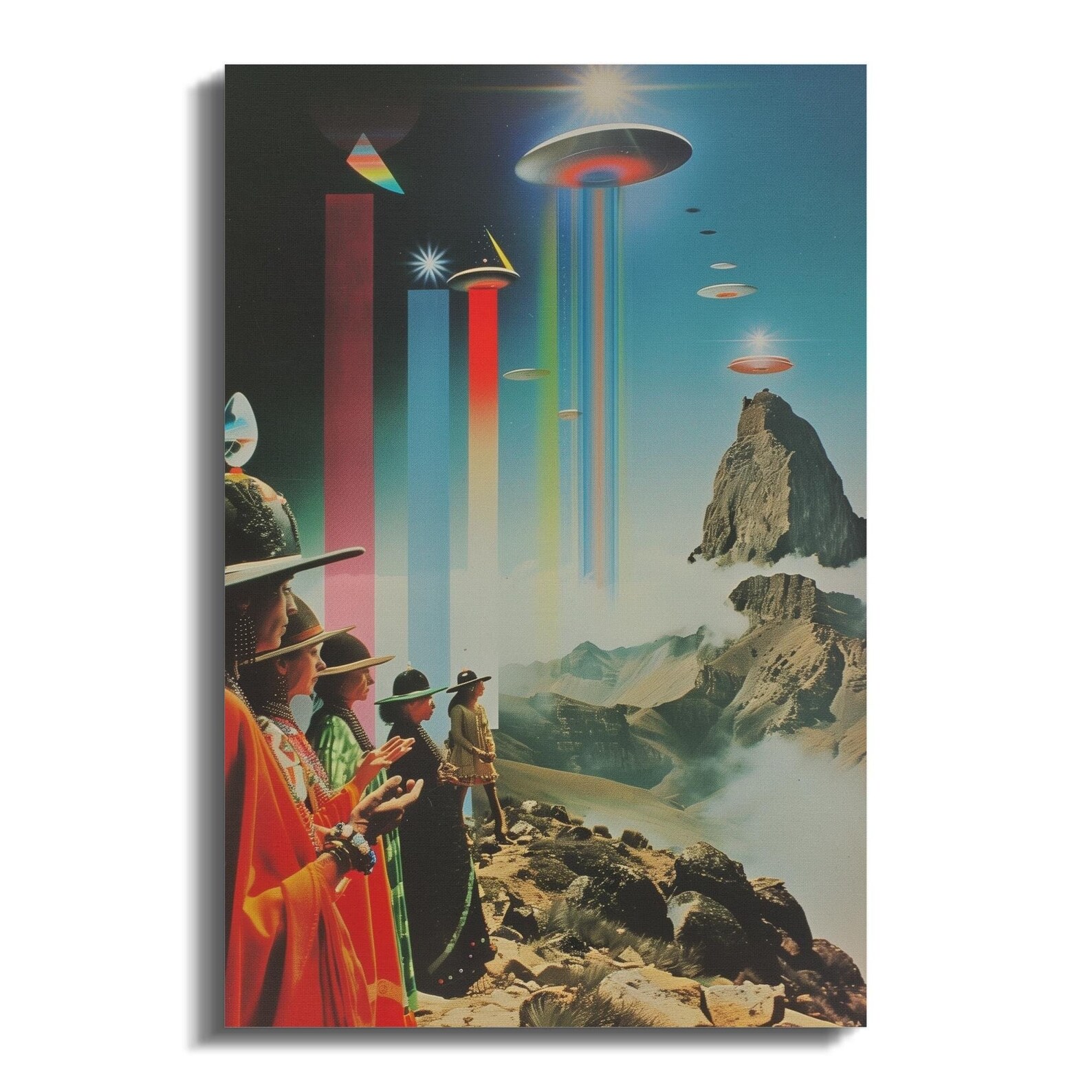 Retro Sci Fi Incan Women UFO Wall Art Colorful Alien Landscape Unique ...