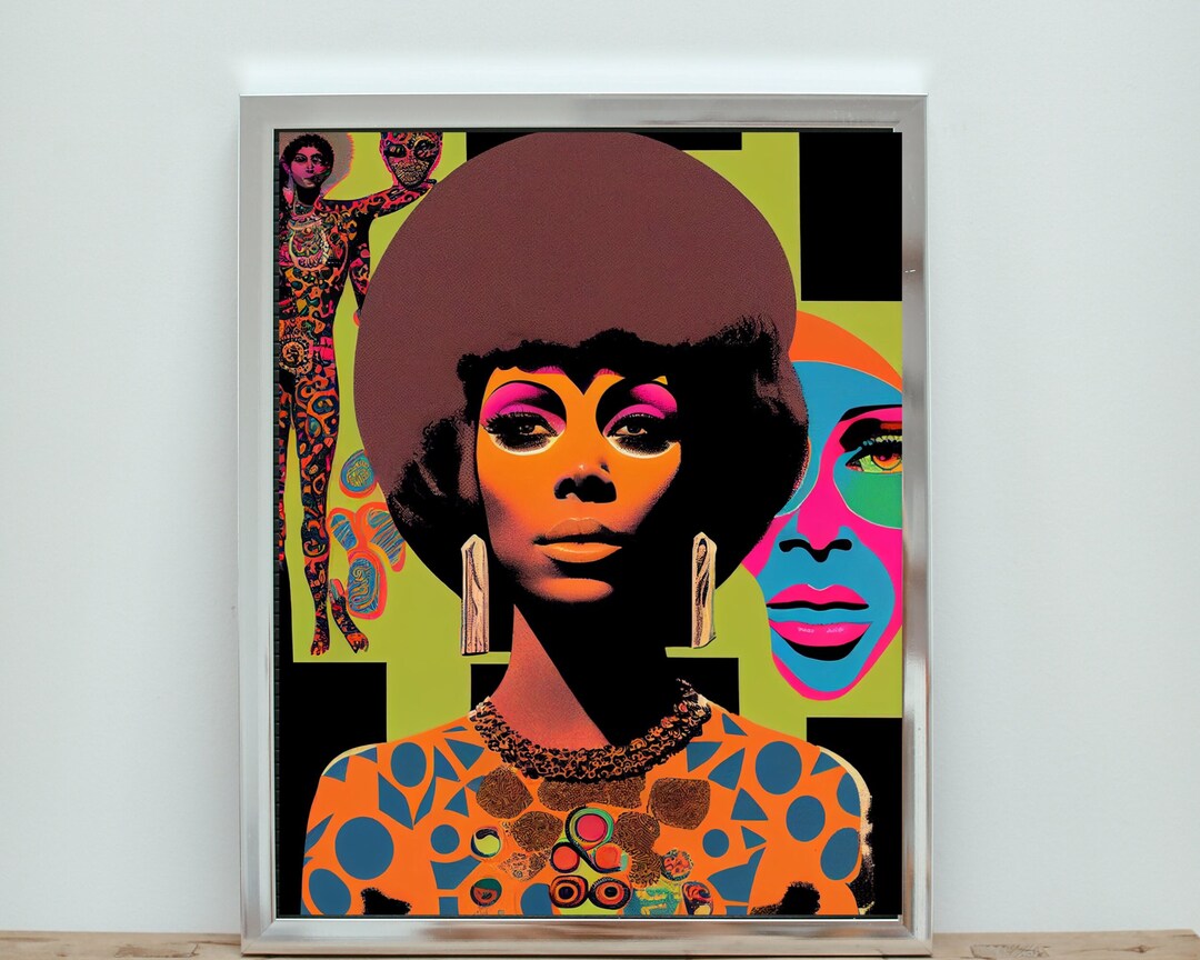Vintage Afro Woman Art Print, Surreal Retro Black Woman Wall Art, 70s ...
