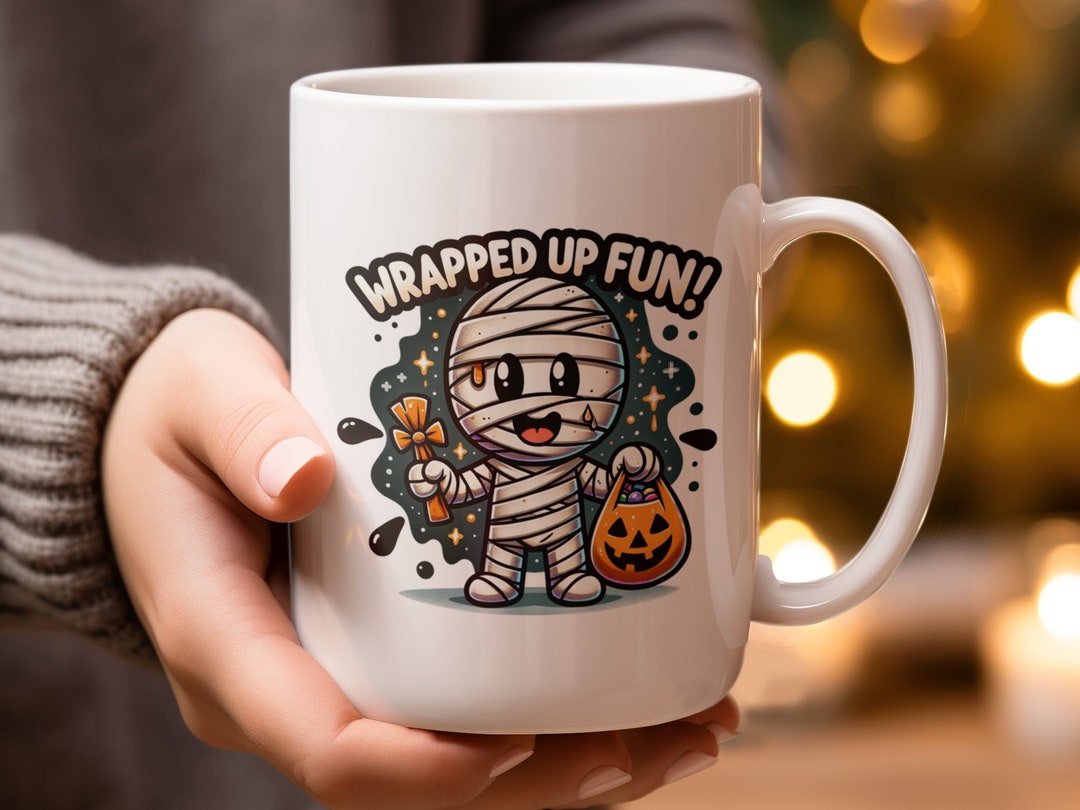 Wrapped up Fun Halloween Mummy Mug, Cute Cartoon Mummy Coffee Mug, Fun ...