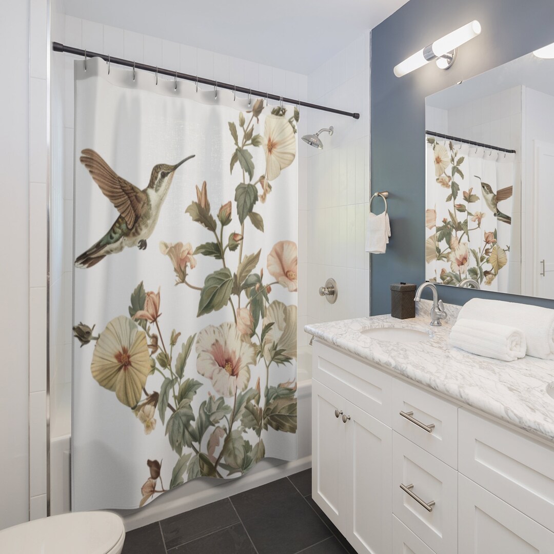 Vintage Hummingbird Floral Shower Curtain, Antique Bird and Flower ...