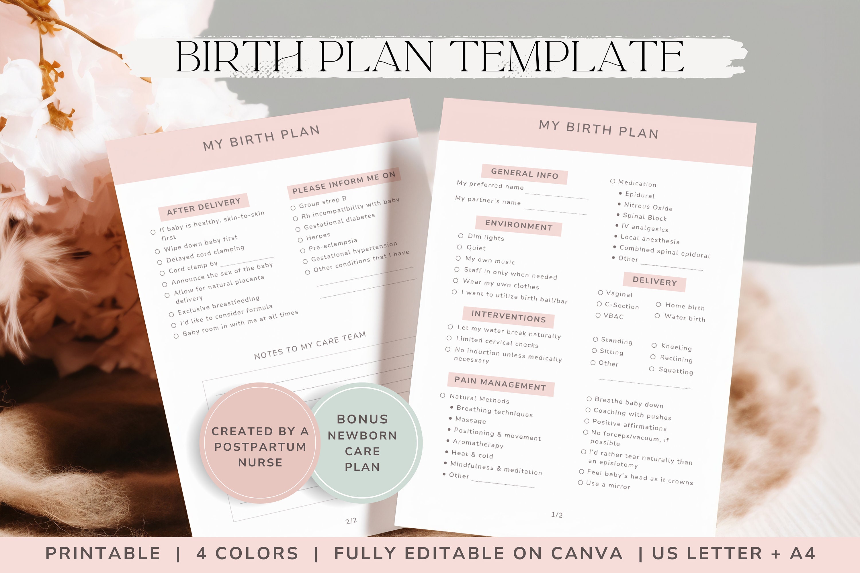 Editable Birth Plan Template for New Mom, Printable Birth Planner ...