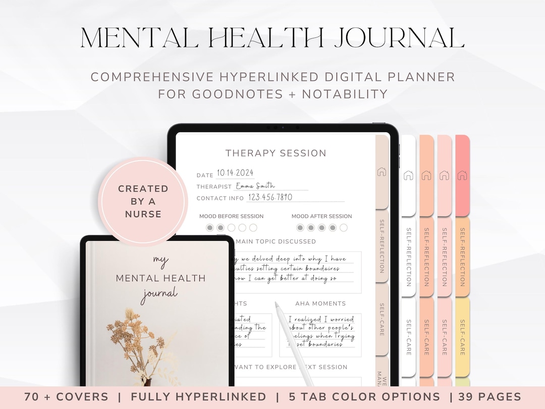 Digital Self Care Planner, Mental Health Journal Printable, Hyperlinked ...